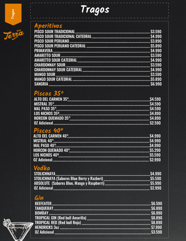 Carta de Tragos – Carta Digital Terra Restobar