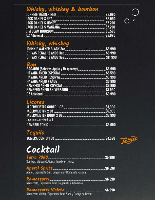 Carta de Tragos – Carta Digital Terra Restobar